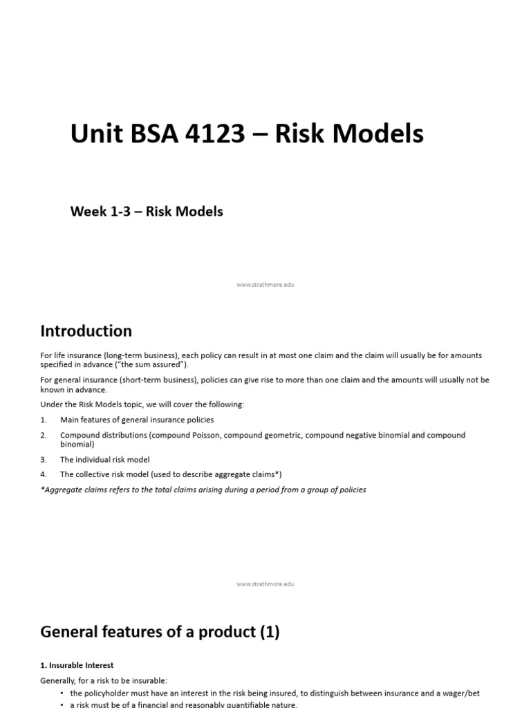 Week 1-3 - Risk Models | PDF | Insurance | Reinsurance