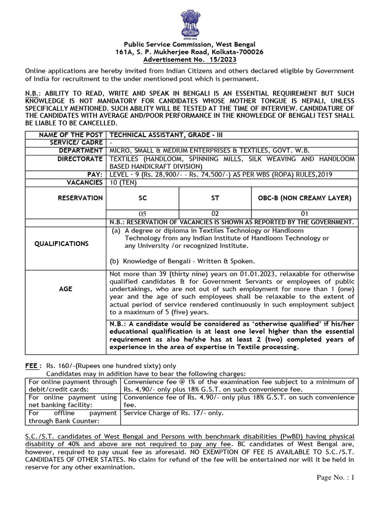 WBPSC Technical Assistant Recruitment | PDF | Payments | Fee