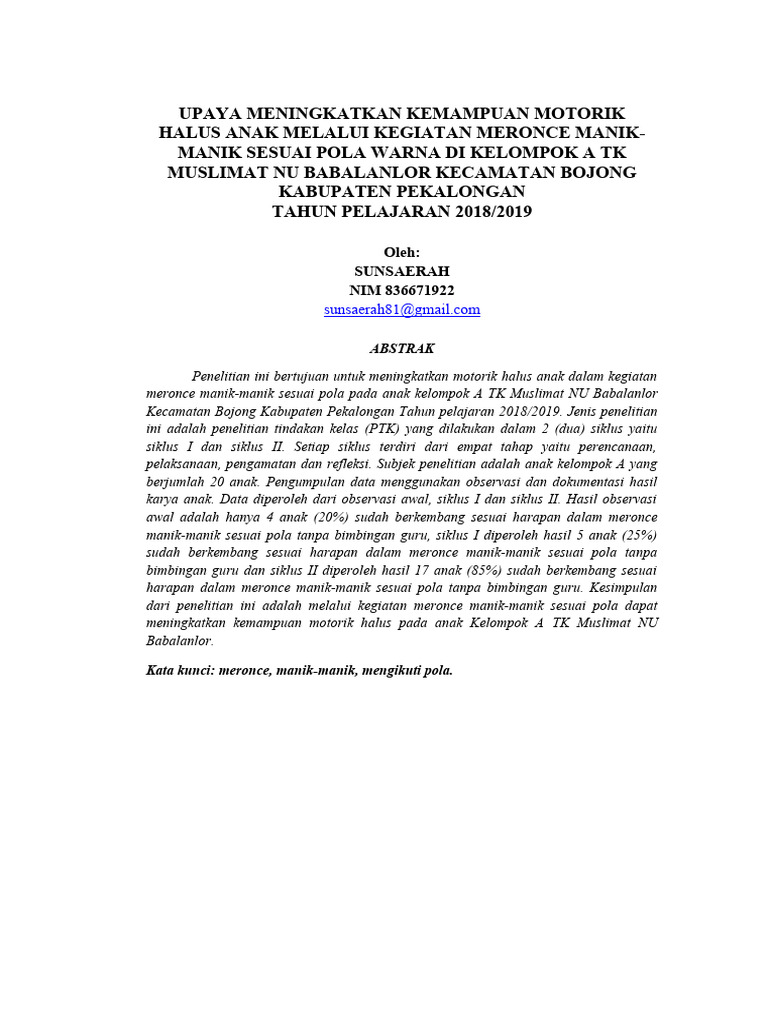 Upaya Meningkatkan Kemampuan Motorik Halus Anak Melalui Kegiatan Meronce Manik-Manik Sesuai Pola ...
