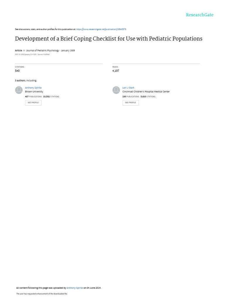Development of A Brief Coping Checklist For Use With Pediatric ...