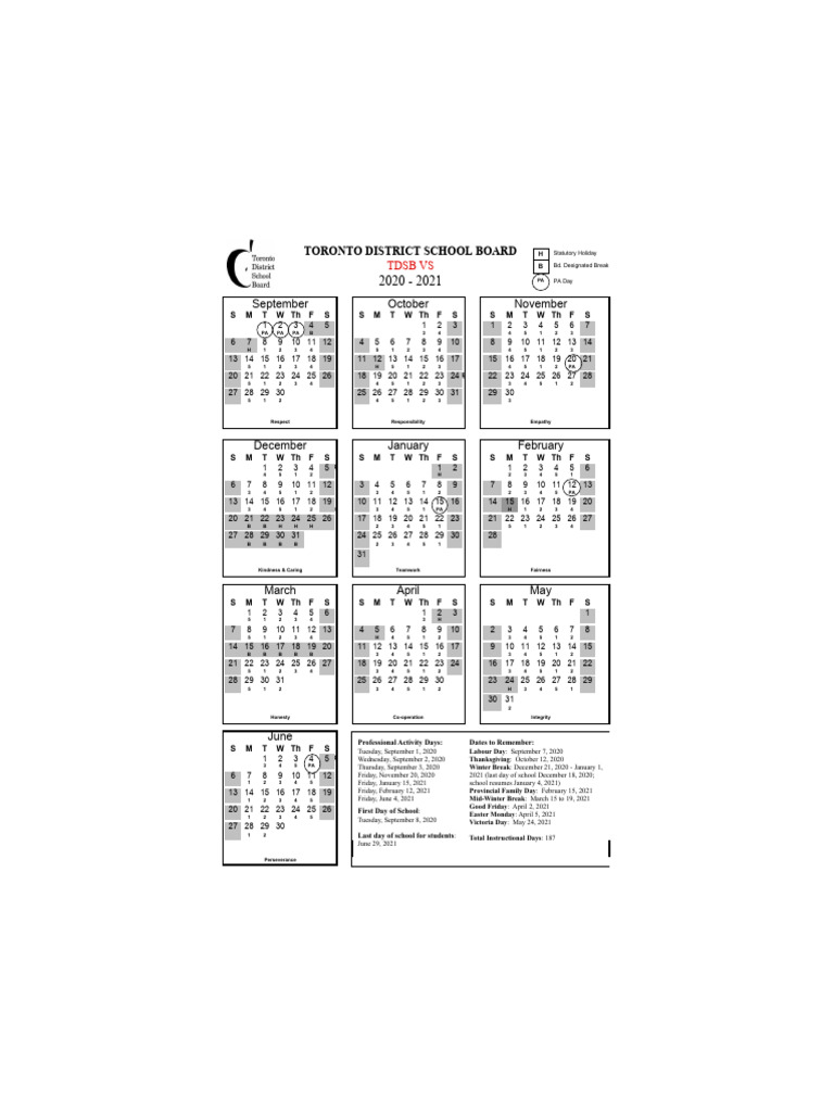 TDSB VS School Year Calendar 2020 2021 | PDF | Observances | Holidays