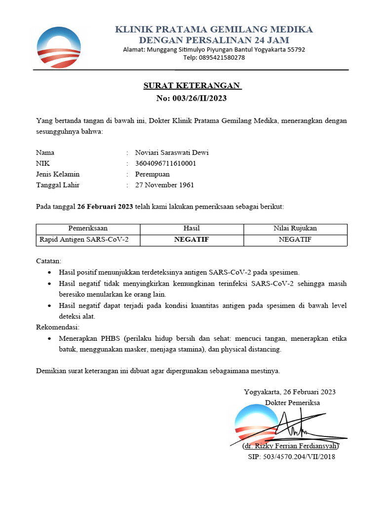 Surat Keterangan Rapid Antigen | PDF