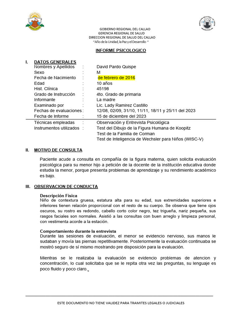Informe David Pardo Quispe | PDF | Cociente de inteligencia | Pensamiento