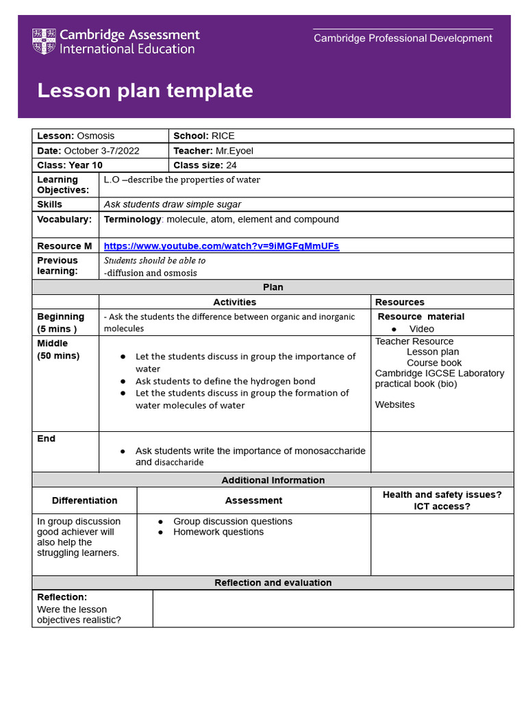 Bio IGCSE DLP 7 | PDF | Osmosis | Lesson Plan