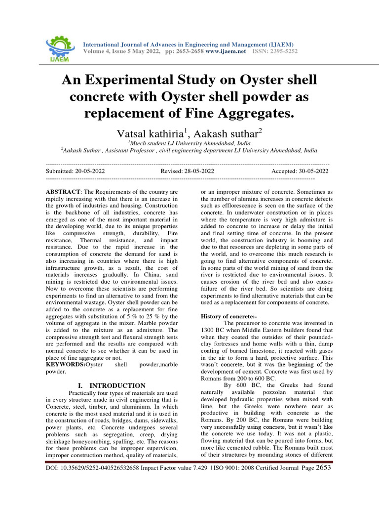 An Experimental Study On Oyster Shell Concrete With Oyster Shell Powder ...
