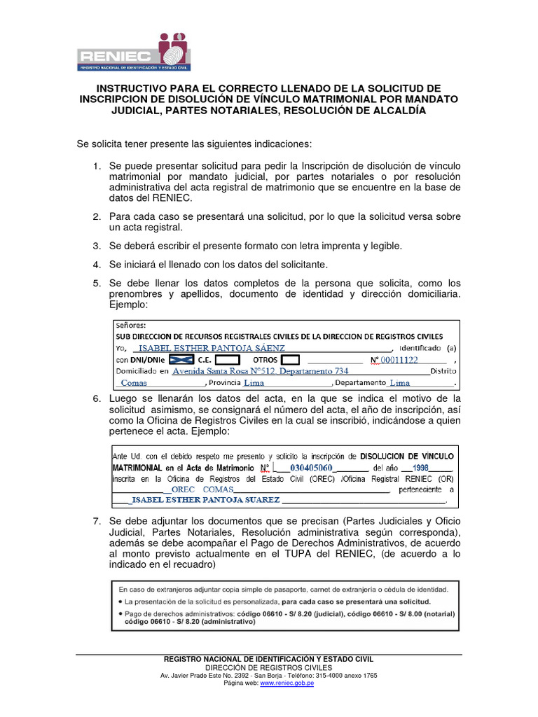 Instructivo Solicitud Insc Disol Vinc Matrimonial AR SIRCM-RENIEC PDF | PDF | Gobierno y ...