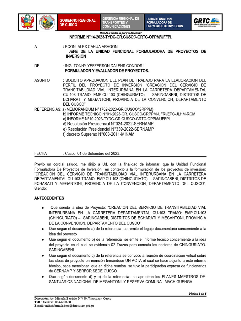 INFORME N°14 Solicita Aprobacion de Plan de Trabajo Mega | PDF INFORME N°14 Solicita Aprobacion de Plan de Trabajo Mega | PDF