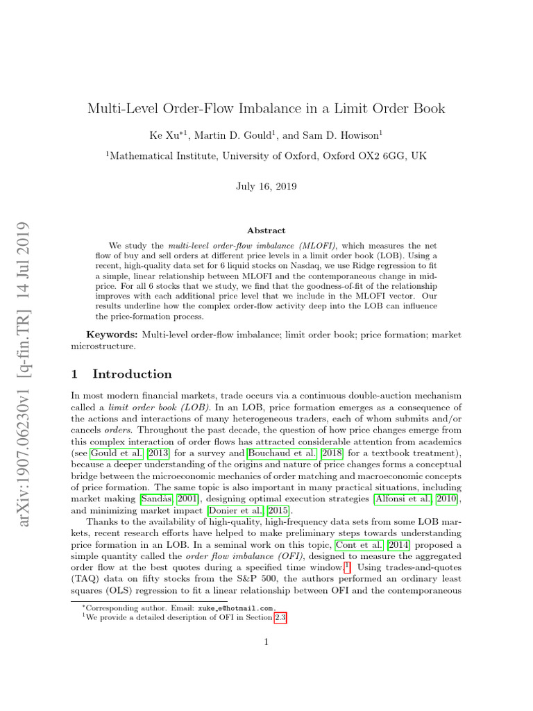 1907 06230v1 Multi Level Order Flow Imbalance In A Limit Order Book Pdf Ordinary Least