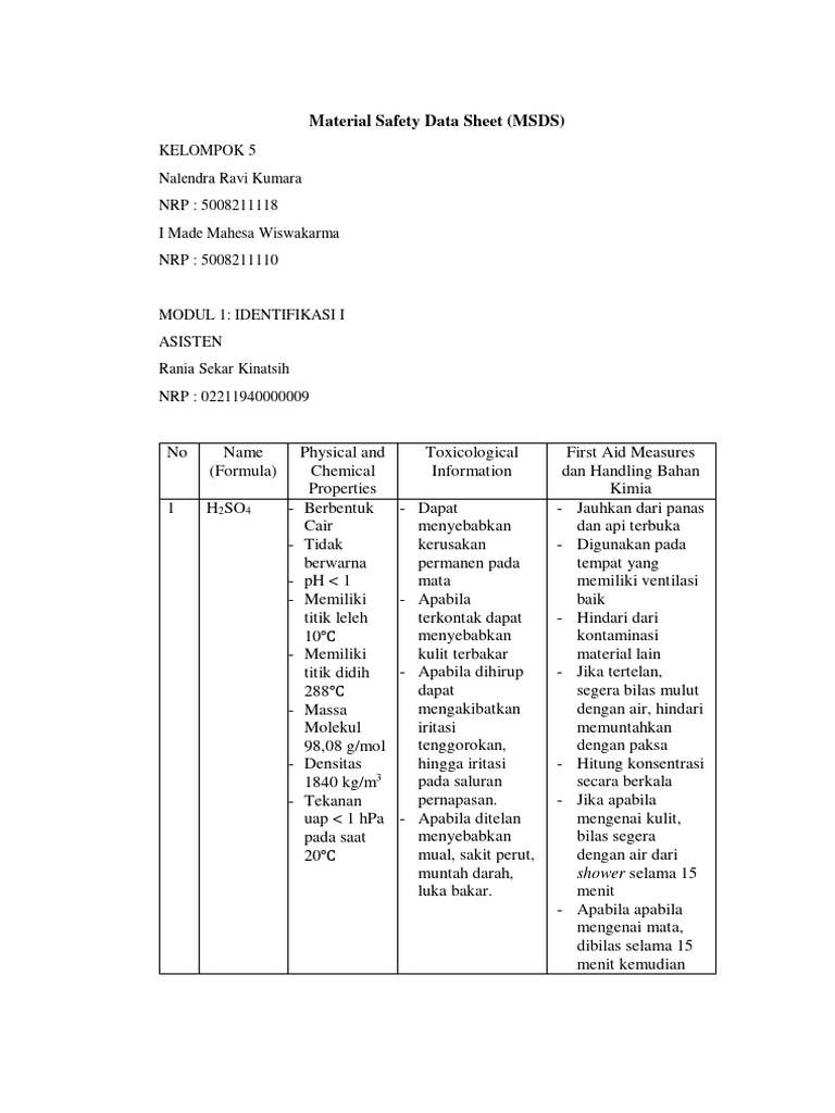 MSDS Modul 1 Iden1, H2SO4, Asam Oksalat, KMnO4 (Kalium Kromat), Anilin ...
