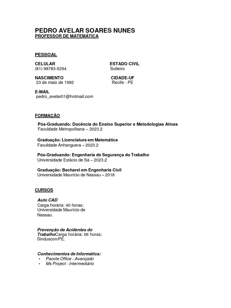 Currículo de Pedro Avelar Nunes | PDF