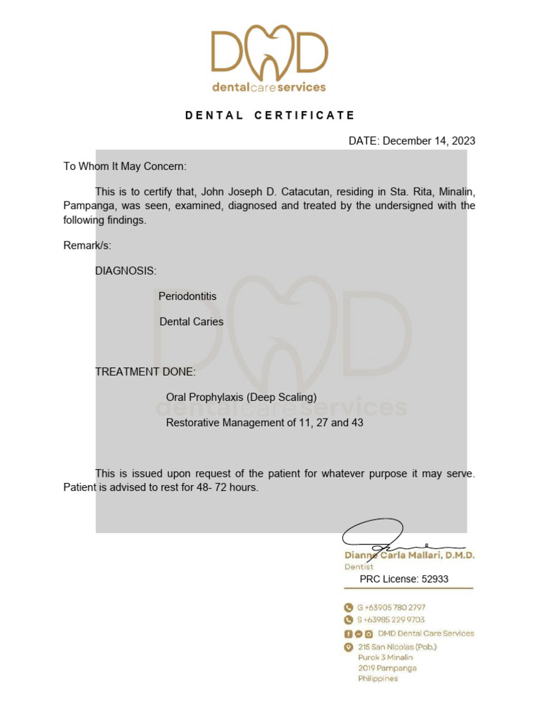 Dental Certificate | PDF