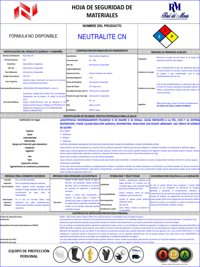 Hoja de Seguridad: Neutralite CN | PDF | Agua | Residuos