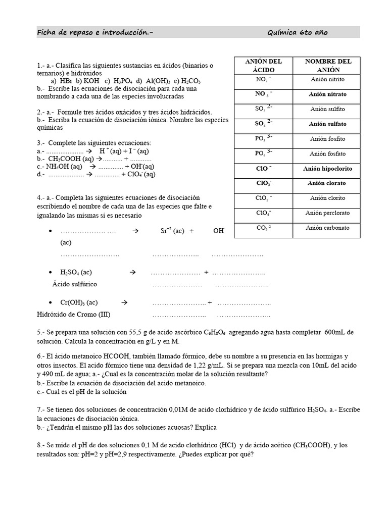 Ficha de Repaso e Introducción | PDF | Ácido | Ion