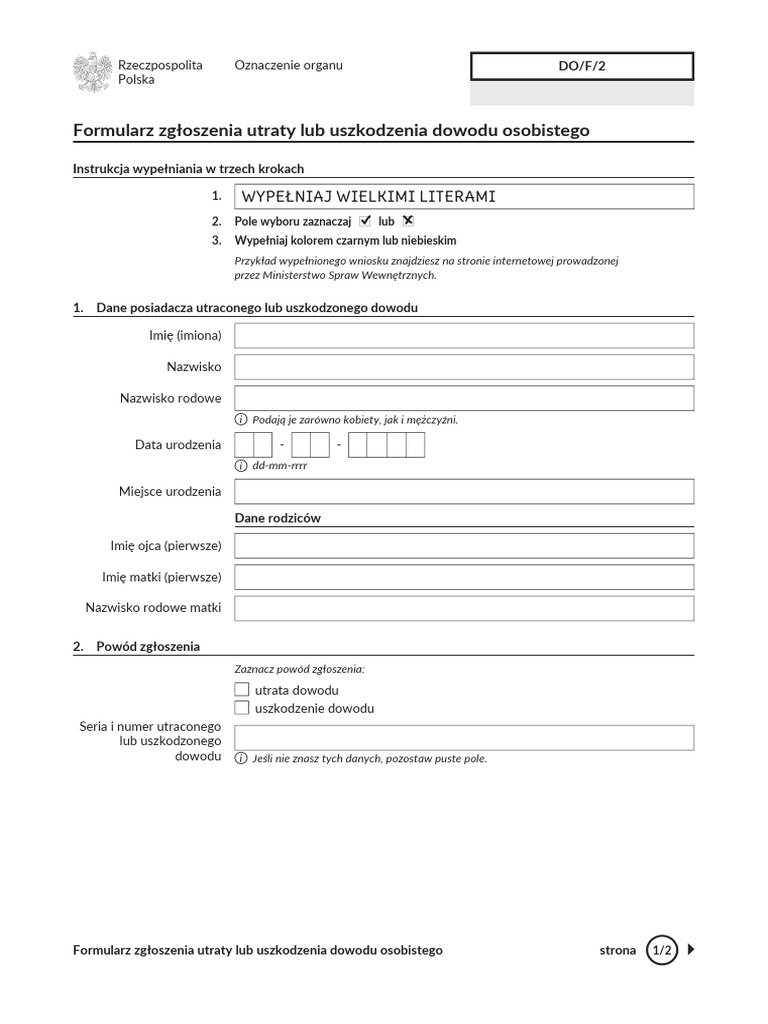 Formularz Zgłoszenia Utraty Lub Uszkodzenia Dowodu Osobistego | PDF