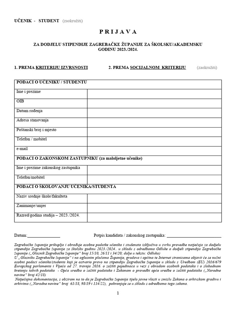 Obrazac Prijave 2023-2024 | PDF