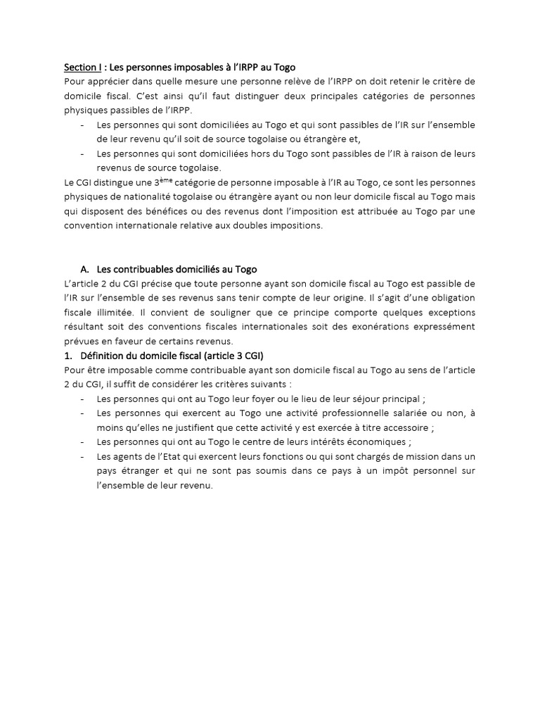 Imposition à l'IRPP au Togo | PDF | Finance et gestion monétaire ...