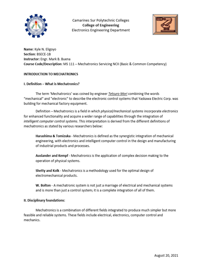 (PDF) Assignment 1 - Introduction To Mechatronics | PDF | Mechatronics | Input/Output
