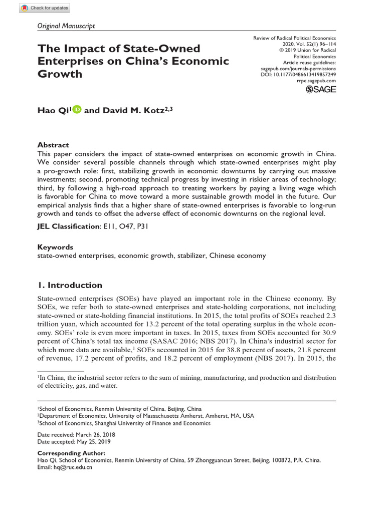 Qi Kotz 2019 The Impact of State Owned Enterprises On China S Economic Growth | PDF | Economic ...