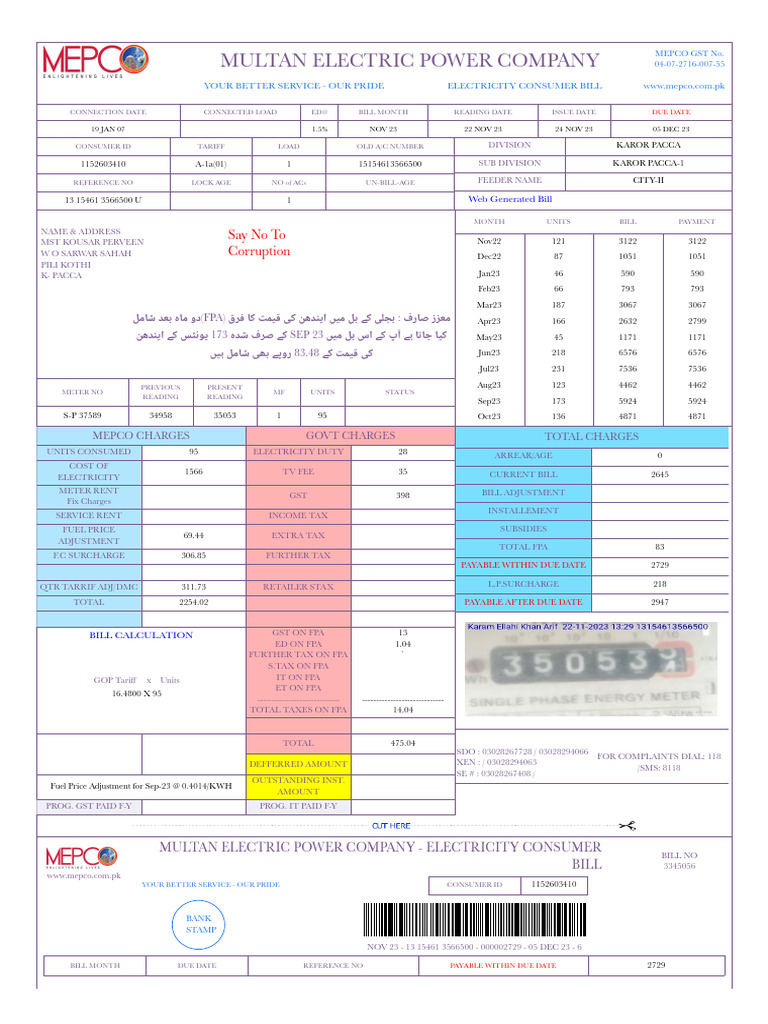 Mepco Online Bill | PDF | Fee | Taxes