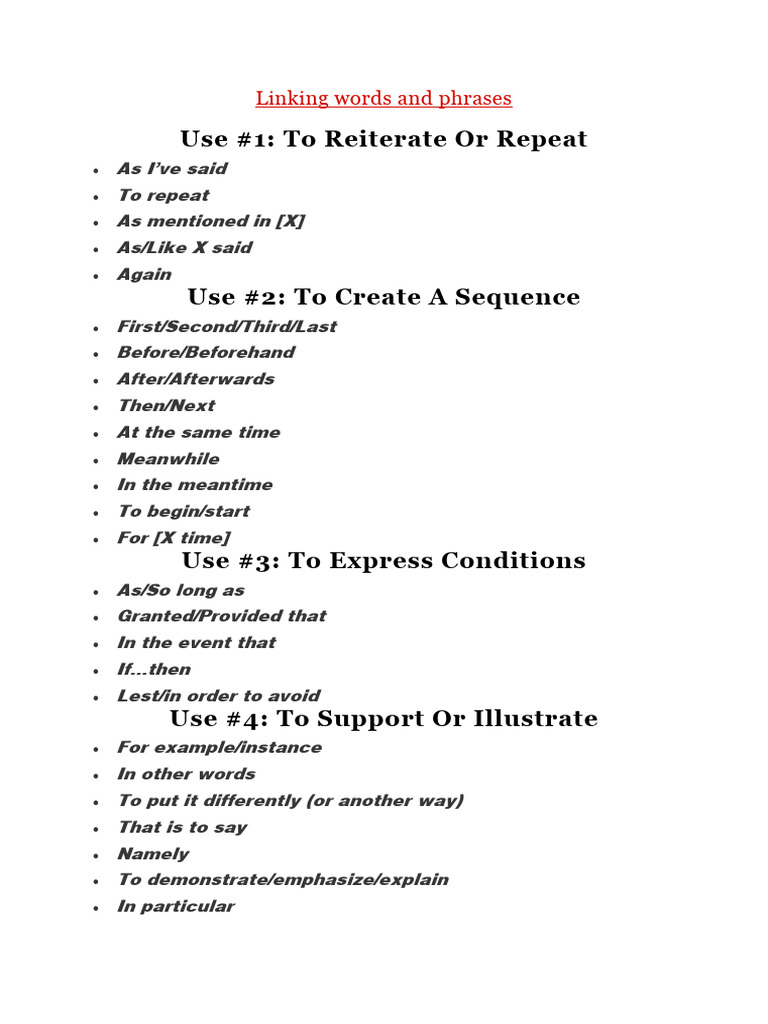 Linking Words And Phrases Printable