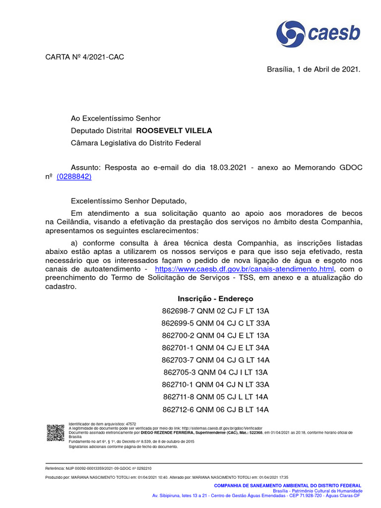 Carta-Caesb NR 4 de 2021 Ao Deputado Roosevelt | PDF