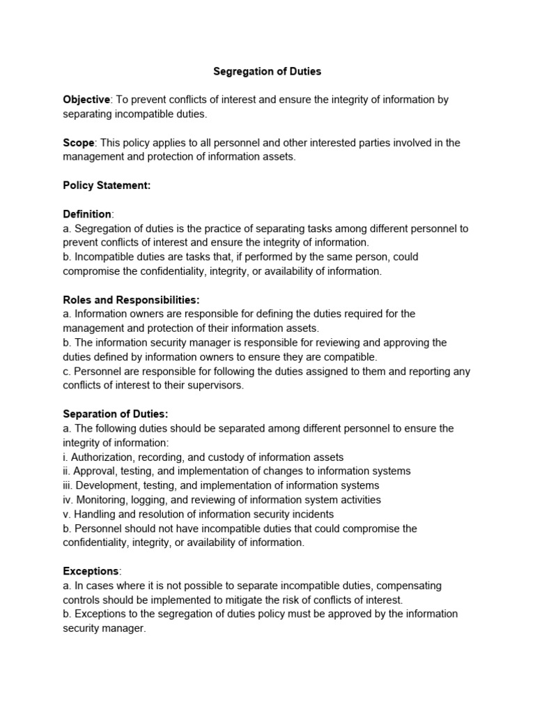 Segregation of Duties Policy Overview | PDF | Information Security ...