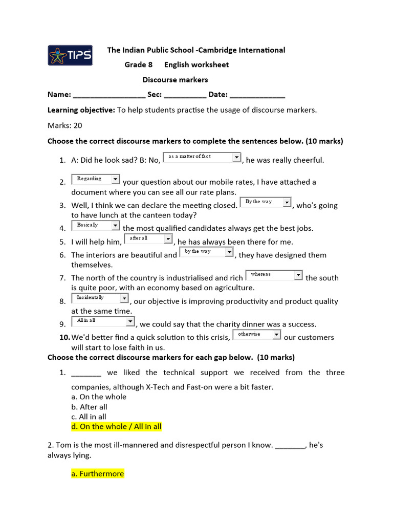 Grade 8 English Discourse Markers Worksheet | PDF | Career & Growth