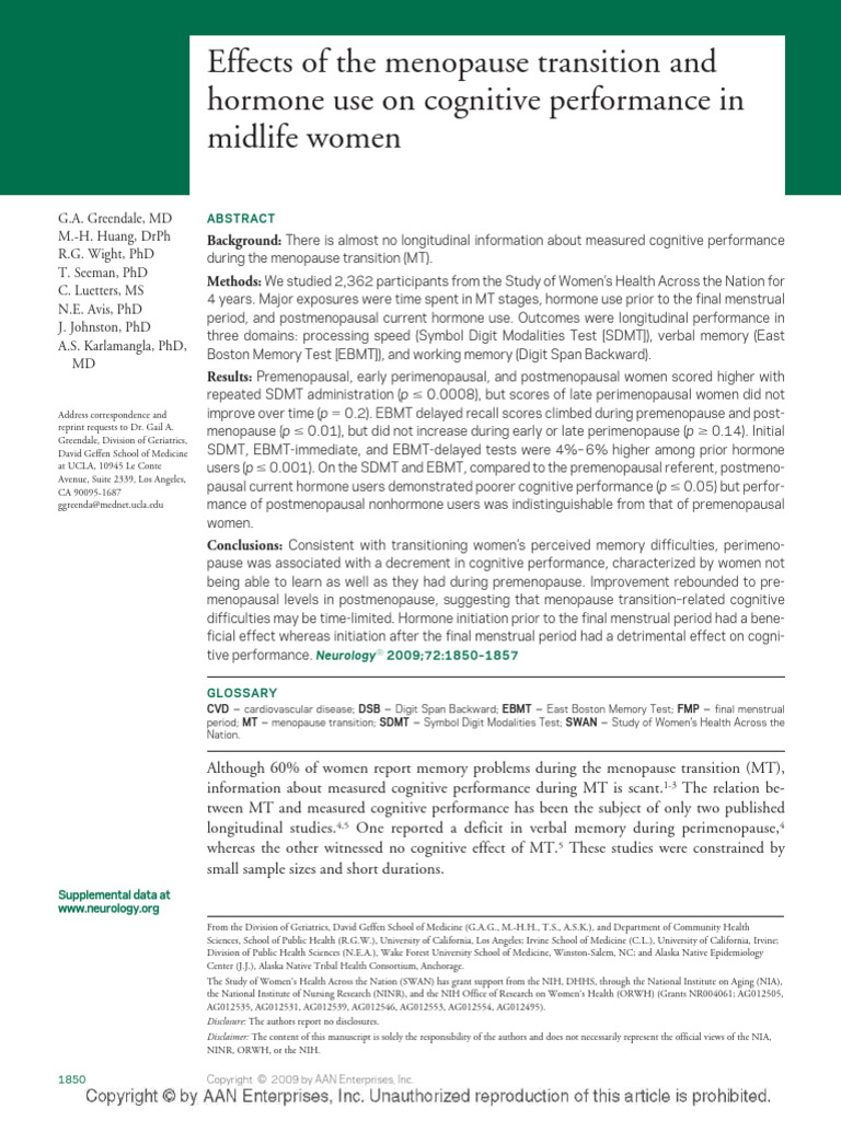 Greendale, 2009 | PDF | Menopause | Cohort Study