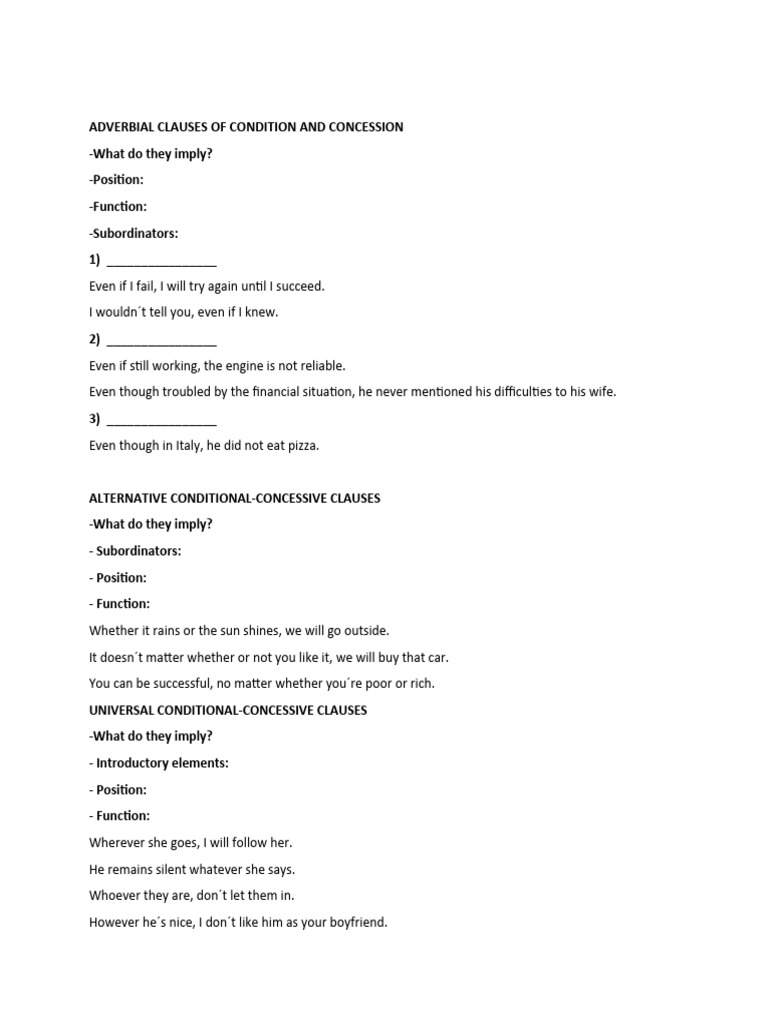 ADVERBIAL CLAUSES OF CONDITION AND CONCESSION - 2018 Students | PDF
