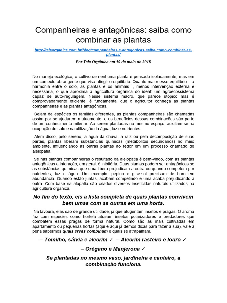 Plantas e Hortaliça Companheiras e Antagônicas | PDF | Agricultura ...