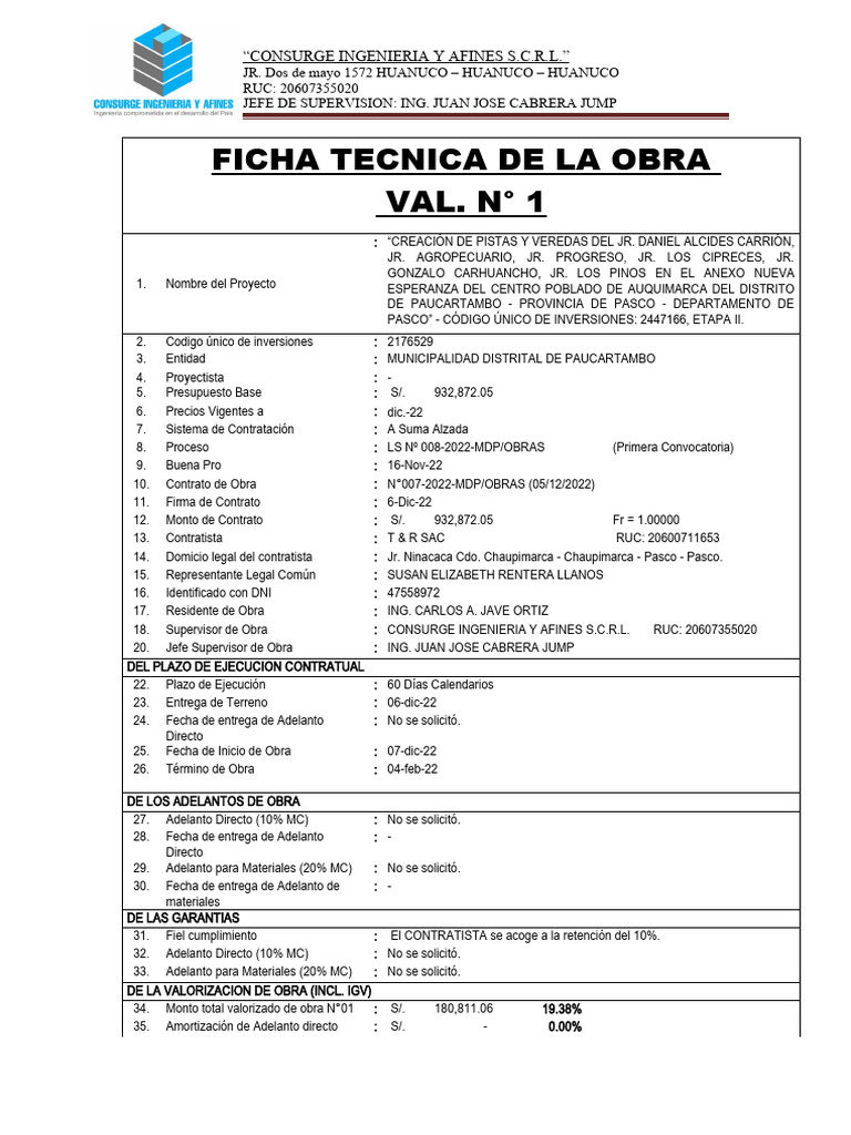 Ficha Tecnica de La Obra | PDF