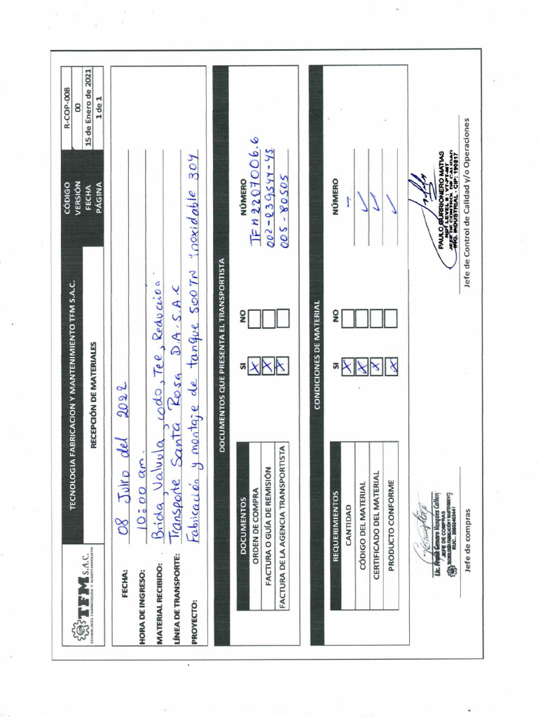 Recepcion de Materiales | PDF