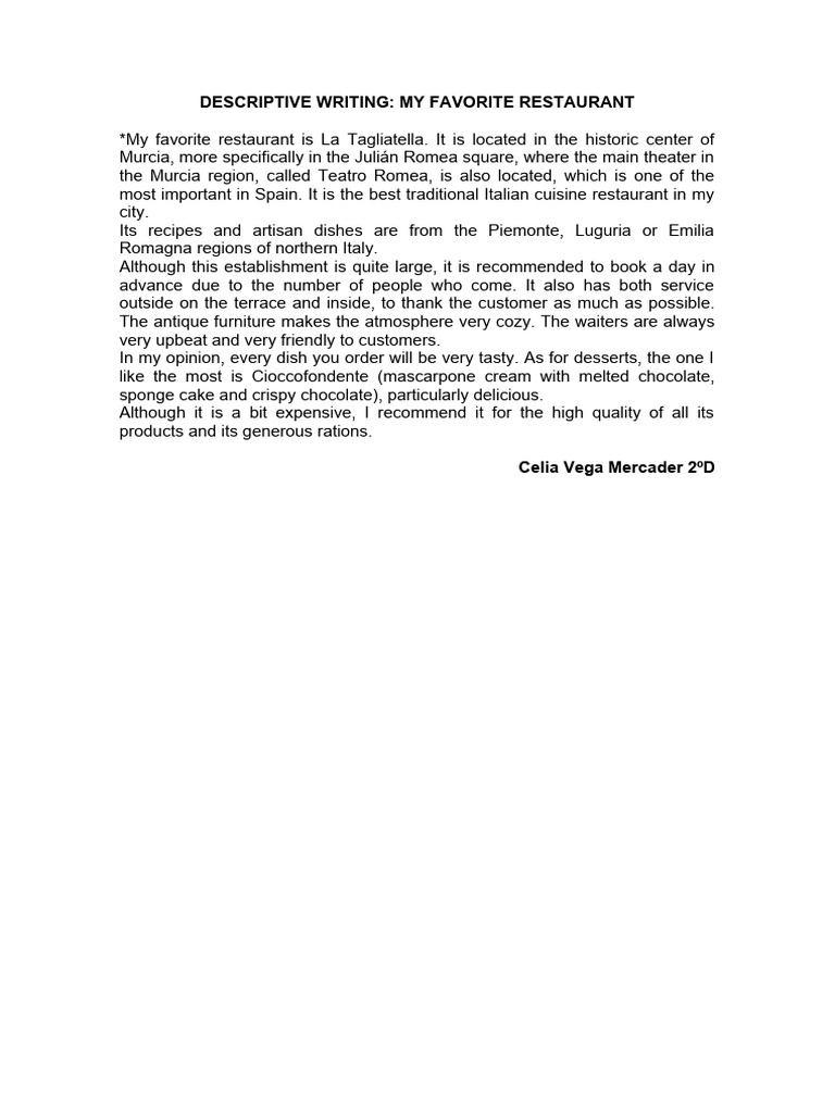 Descriptive Writing. My favorite restaurant | PDF