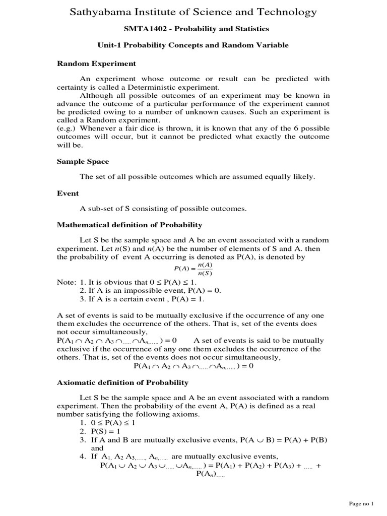 Unit-1 Probability Concepts and Random Variable | Download Free PDF | Probability Distribution ...
