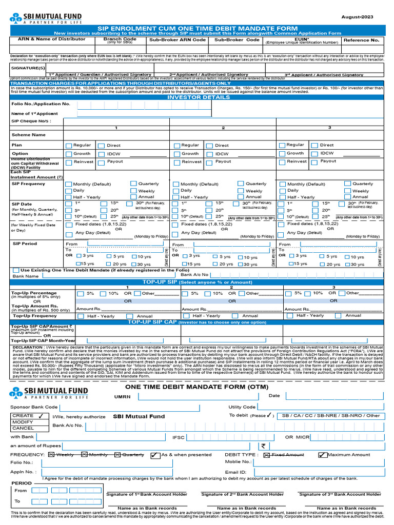 Sip Enrolment One Time Debit Mandate Form (Editable) | PDF | Debit Card | Banks