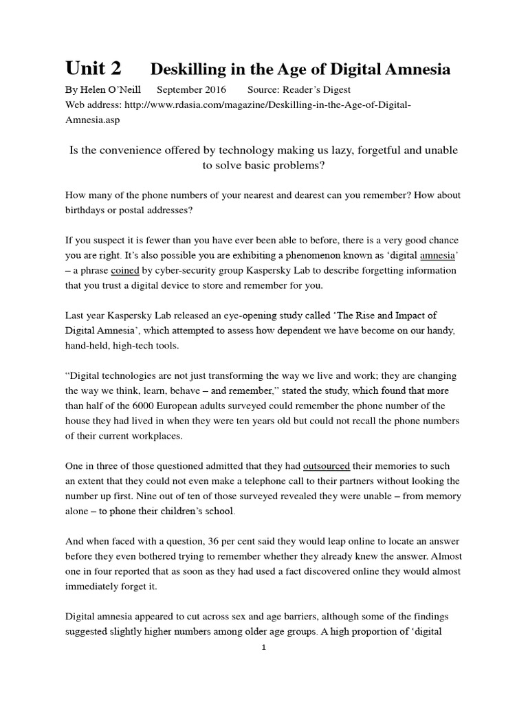 Unit 2 Deskilling In The Age Of Digital Amnesia Pdf Memory Amnesia 