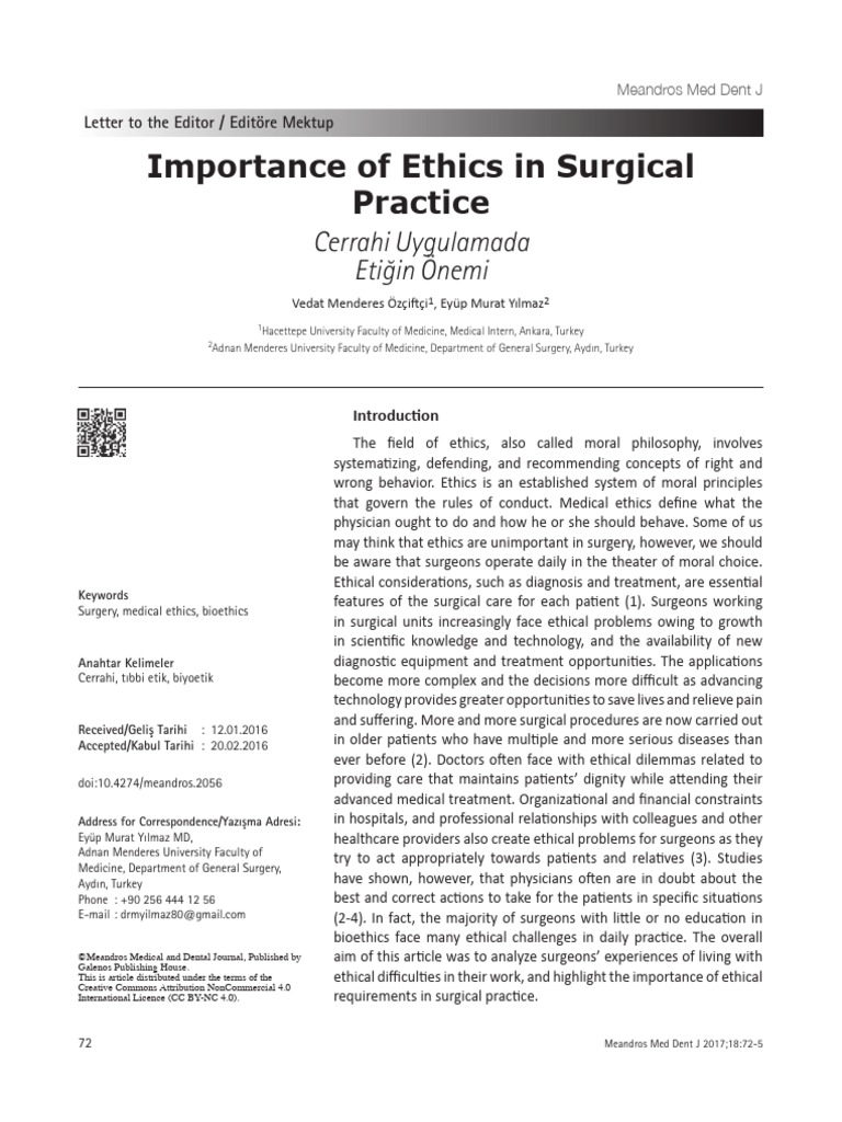 Importance of Ethics in Surgical Practice: Cerrahi Uygulamada Etiğin ...