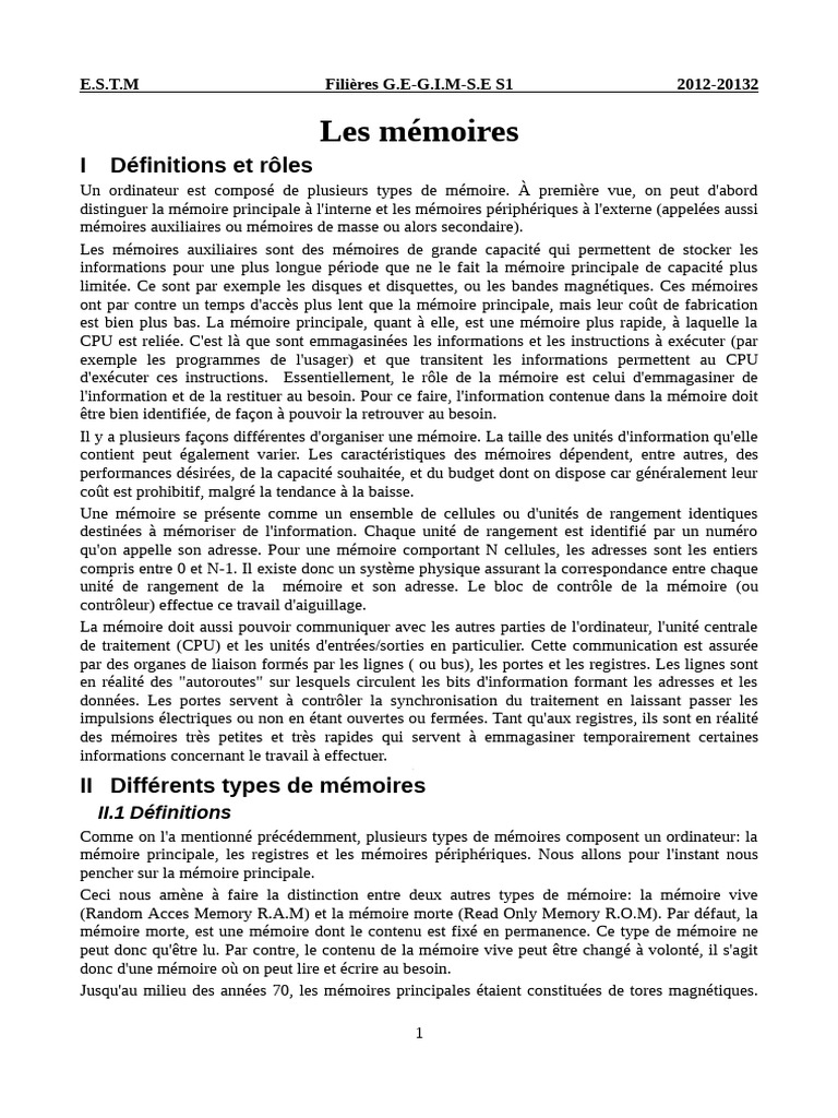 Types de mémoires en informatique | PDF | Mémoire (informatique ...