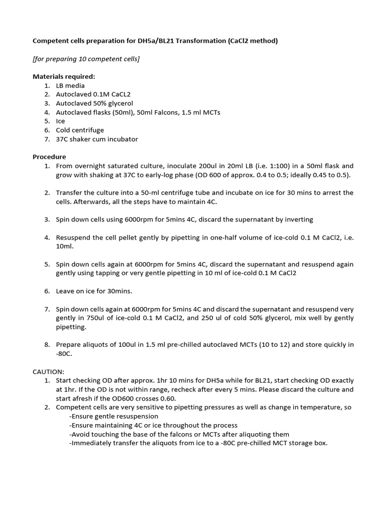 Competent Cells Preparation For DH5a and BL21 | PDF