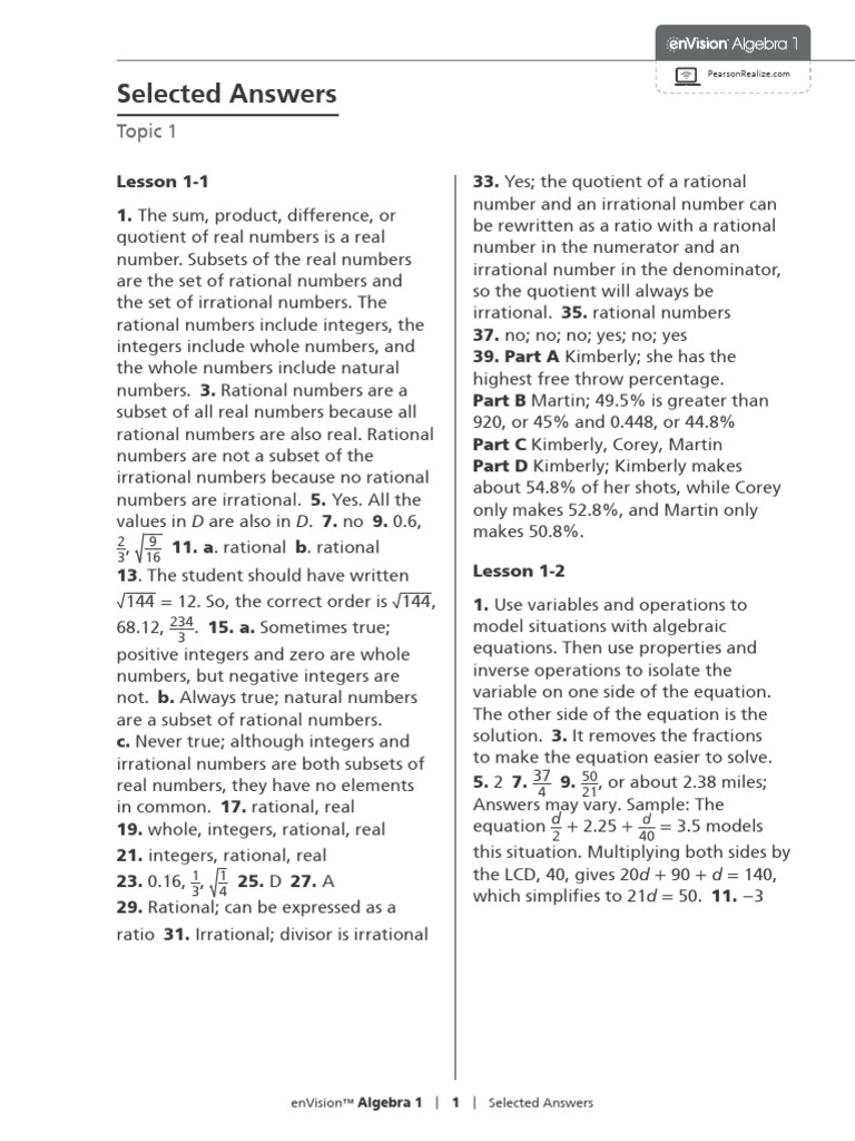 Envision Algebra 1 Answers | PDF | Rational Number | Numbers