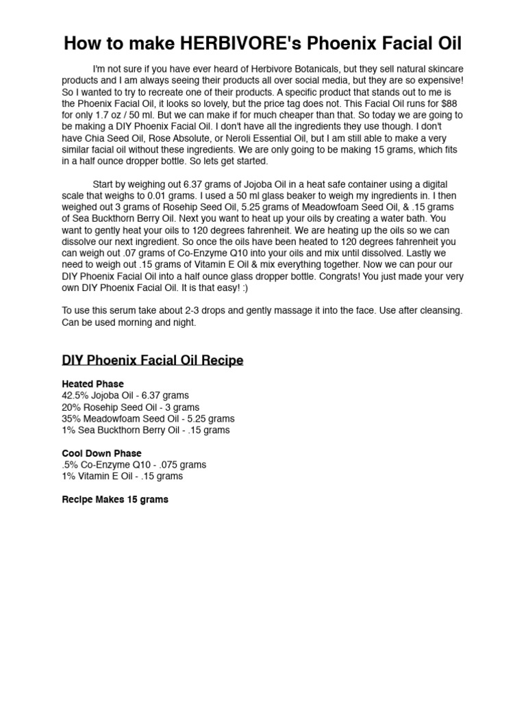 DIY Herbivore Phoenix Facial Oil Recipe | PDF | Cooking, Food & Wine