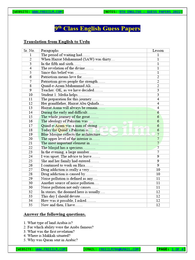 9th Class English Guess Paper 2022 | PDF