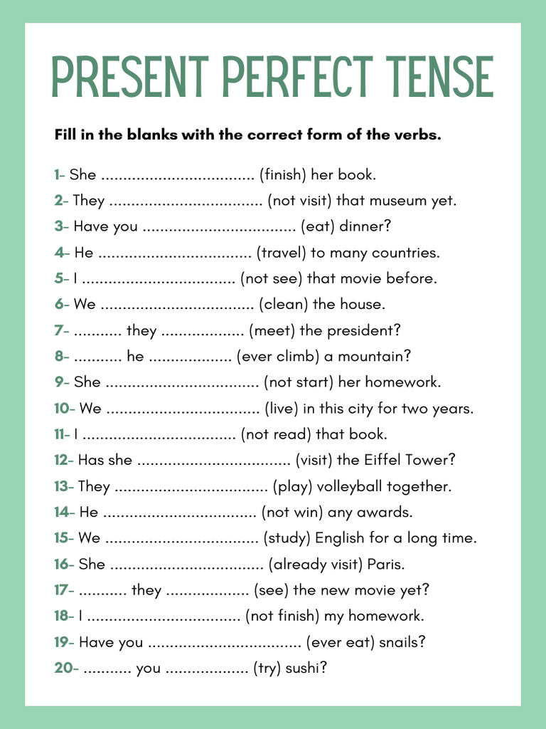 Present Perfect Tense Worksheet in Green White Basic Style (1) | PDF