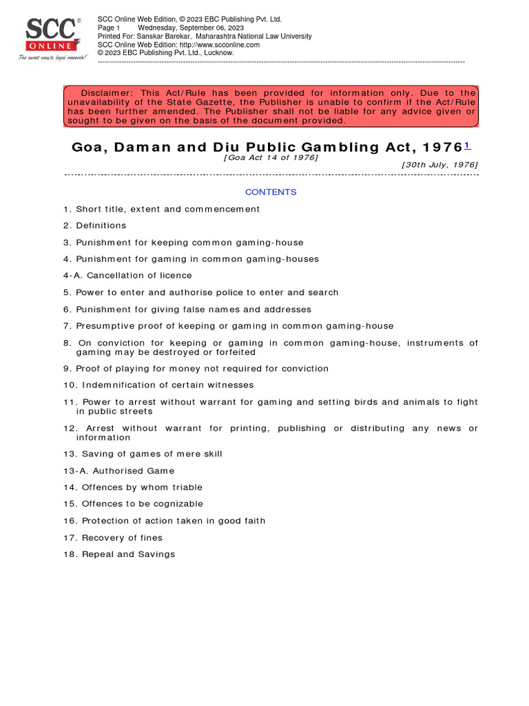 Goa Public Gambling Act 1976 Overview | PDF | Fine (Penalty) | Arrest