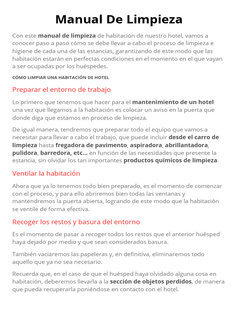 Manual de Limpieza | PDF | Aspiradora | Hotel