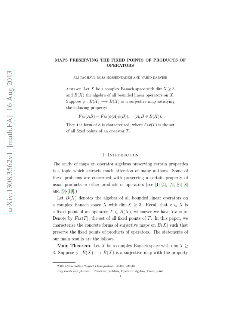 Maps Preserving The Fixed Points of Products of Operators: Ali Taghavi, Roja Hosseinzadeh and ...