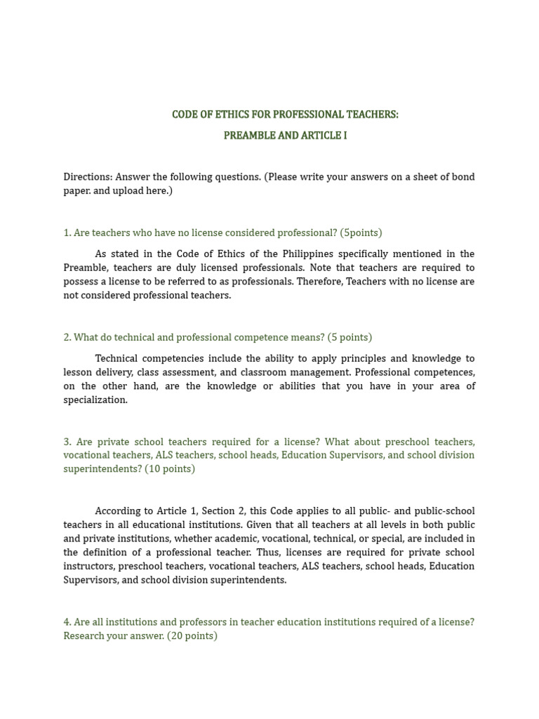 CODE OF ETHICS FOR PROFESSIONAL TEACHERS (HIS or HER PERSON, PROFESSION ...