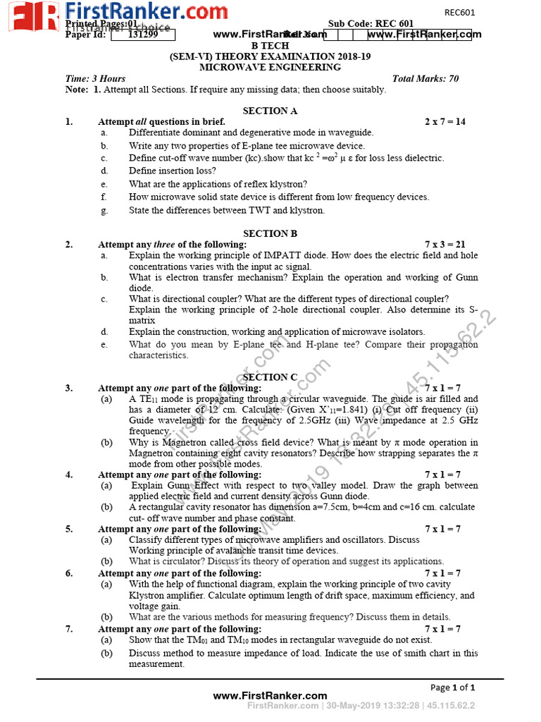 Microwave Engineering Exam Paper | PDF | Microwave | Electromagnetic ...