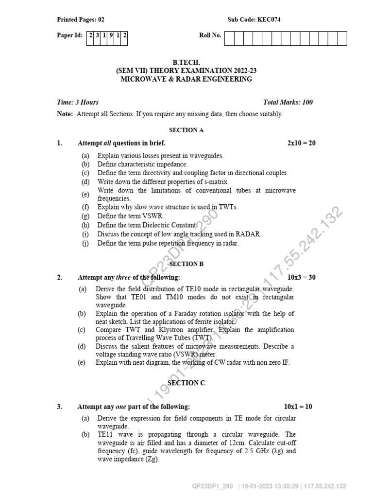 2022-23 Microwave and Radar Engineering 7th Sem | PDF | Waveguide | Microwave