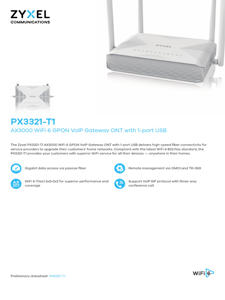 DataSheet ONT ZYXEL PX3321-T1 AX3000 | PDF | Wi Fi | I Pv6